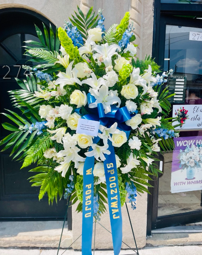 Blue Serenity Standing Spray – Bloom Funeral & Sympathy Flowers Dallas