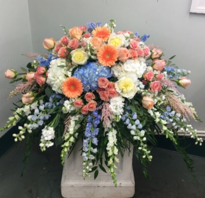 Coral Sunset Casket Spray – Bloom Funeral & Sympathy Flowers Dallas